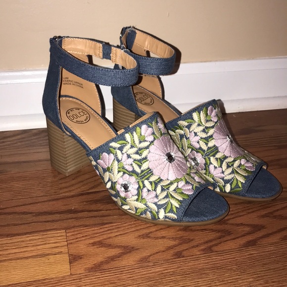 Mojo Moxy | Shoes | Dolce By Mojo Moxy Denim Floral Embroidered Heels ...
